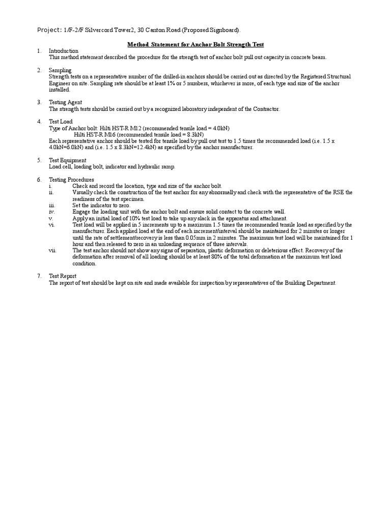 Method Statement For Anchor Bolt Strength Test | PDF
