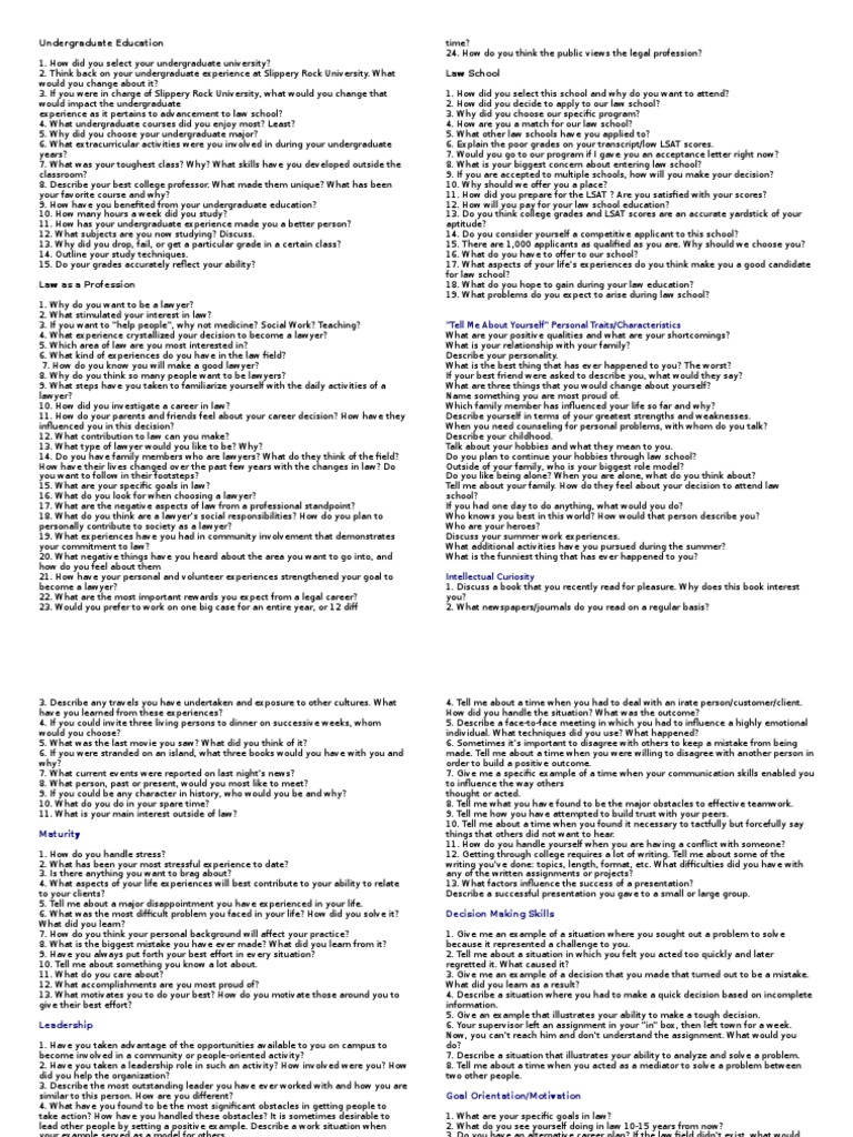 Law Interview Questions | PDF | Undergraduate Education | Lawyer