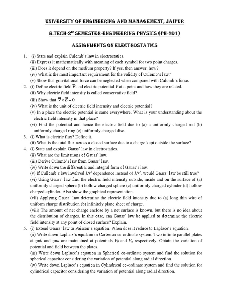 Electrostatics Assignment Overview | PDF | Electric Field | Electrostatics
