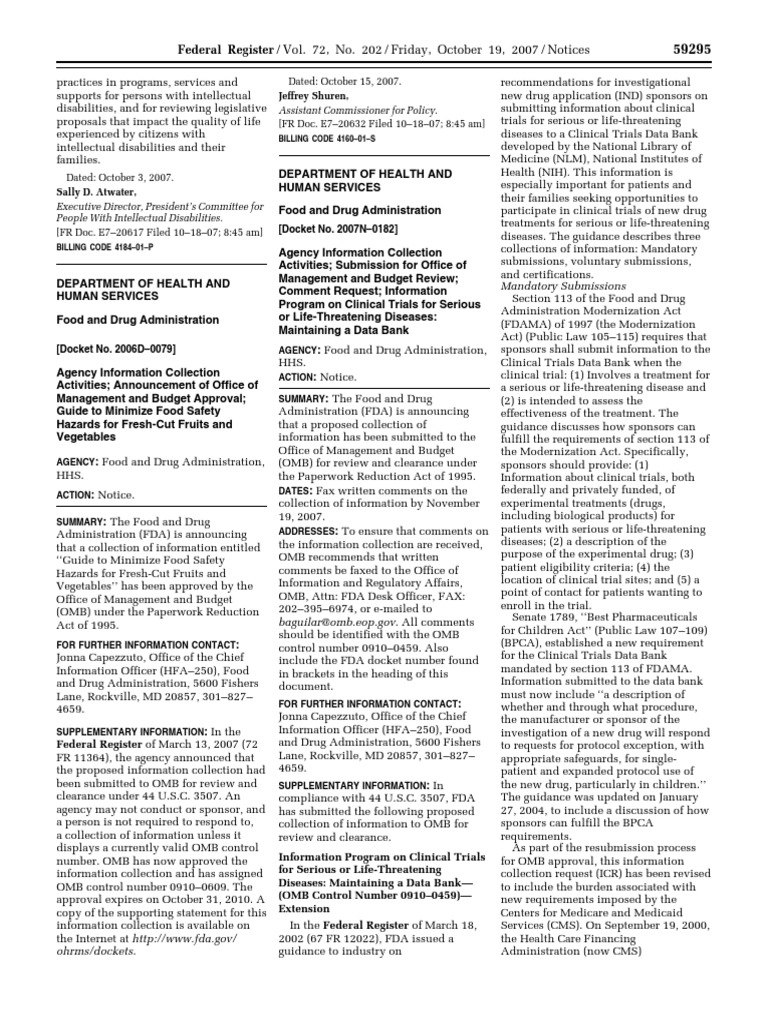 FDA Information Collection Notices | PDF | Clinical Trial | Food And ...