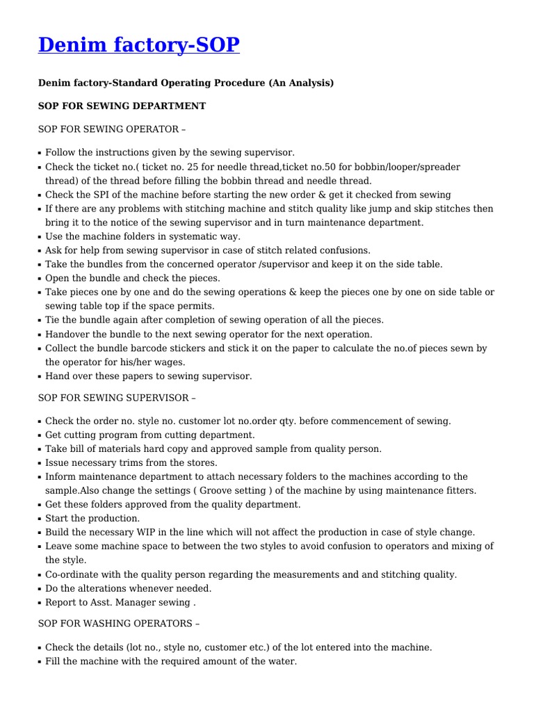 Denim Factory SOP | PDF | Sewing | Clothing