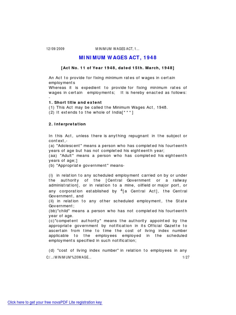 Minimum Wages Act, 1948 | PDF | Overtime | Wage