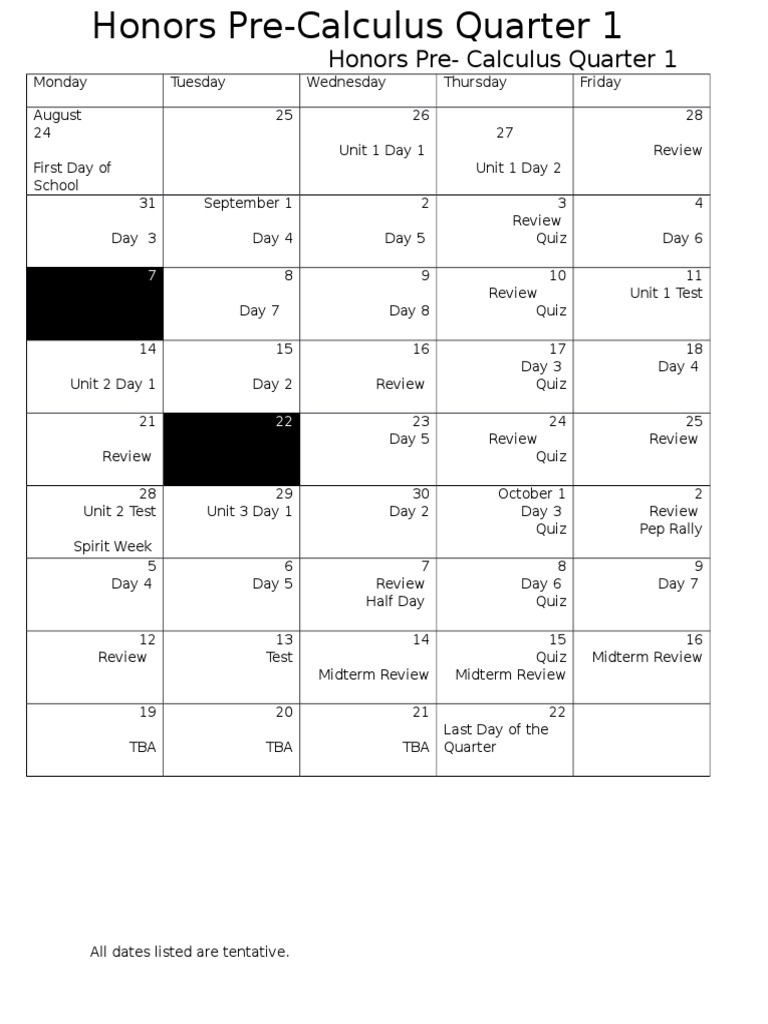 Precal Calendar Quarter 1 | PDF | Career & Growth | Cooking, Food & Wine