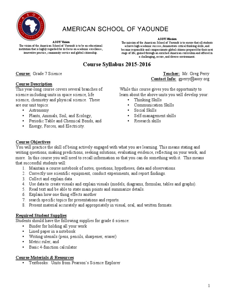 Grade 7 Science Course Syllabus | PDF | Homework | Academic Dishonesty