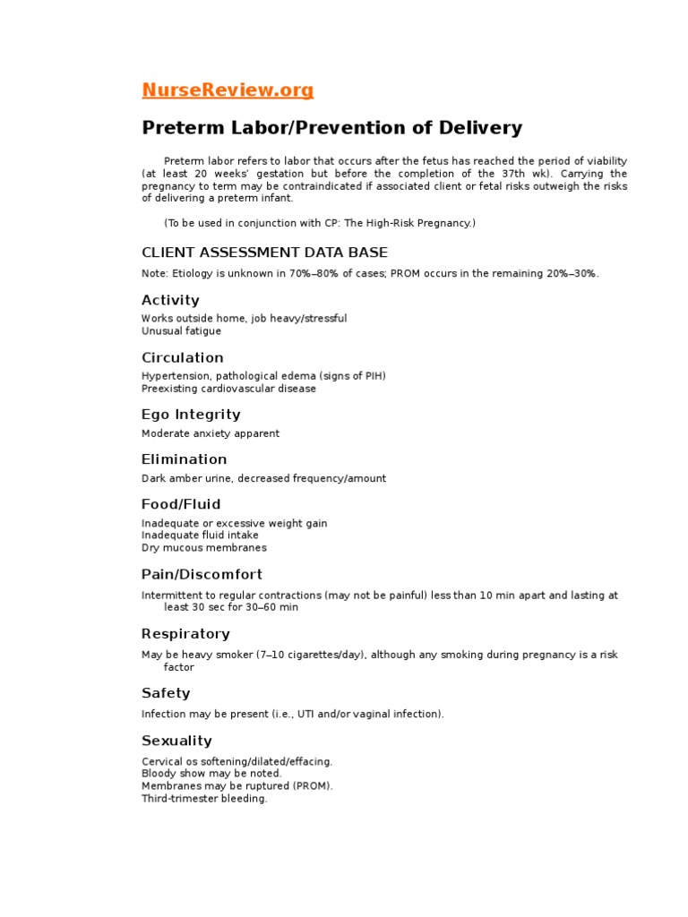 Preterm Labor: Assessment & Nursing Care | PDF | Childbirth | Preterm Birth
