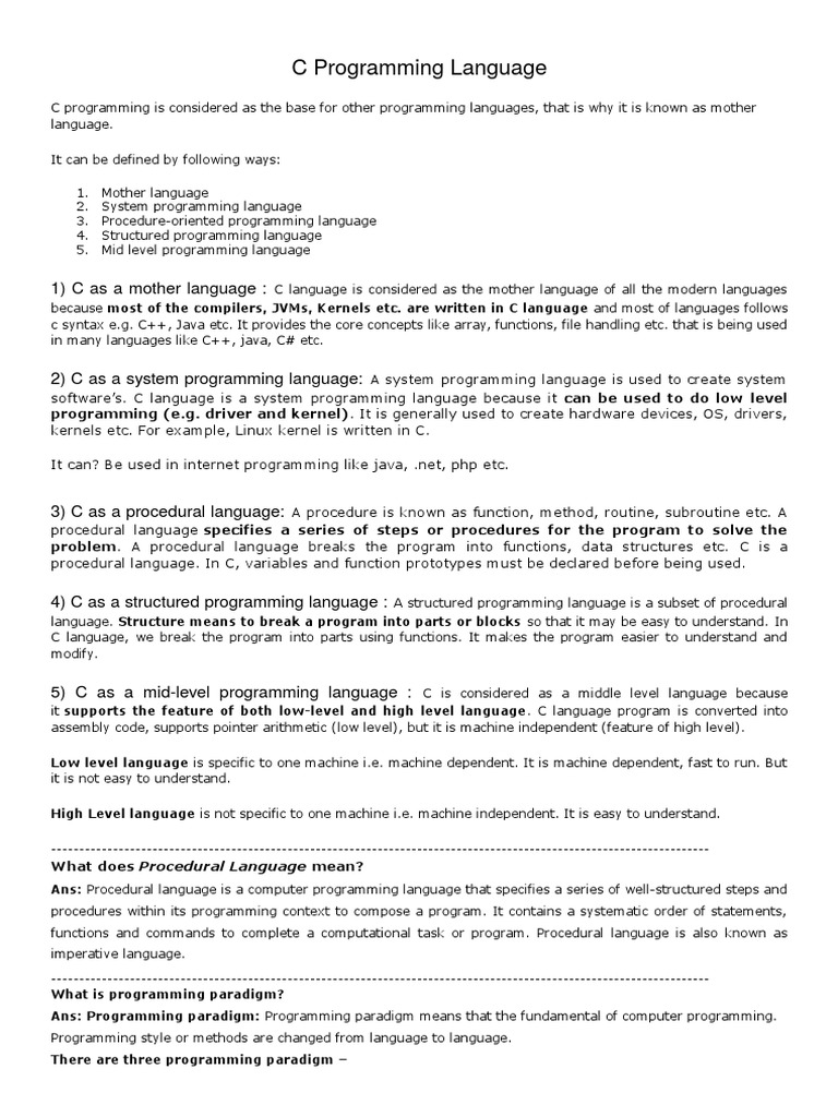 C Language Notes | PDF | C (Programming Language) | Pointer (Computer ...