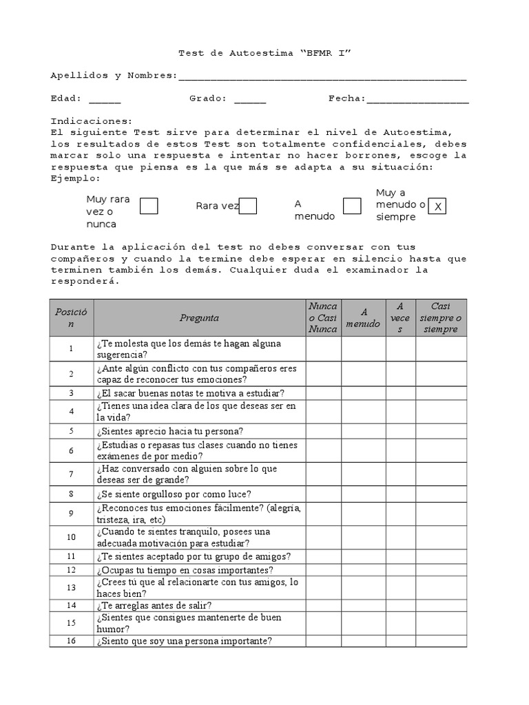 Test Autoestima Adolescentes | Autoestima | Sicología y ciencia cognitiva
