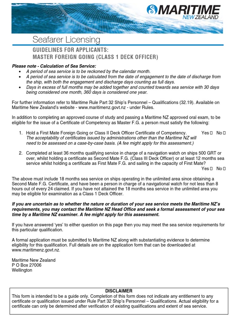 Master of A Foreign Going Ship Class 1 Deck Officer MNZ Guidelines ...