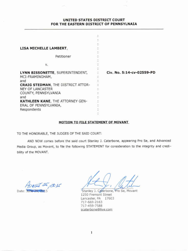 Lisa Michelle Lambert MOTION To File STATEMENT by Movant Case No. 5-14 ...