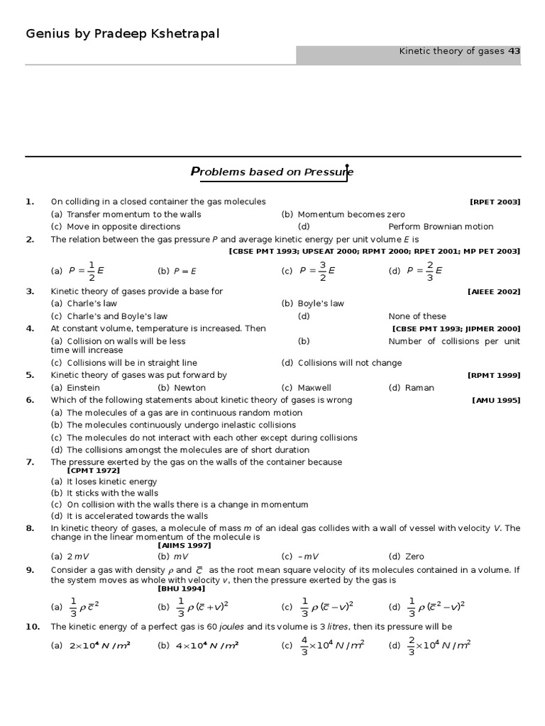 Kinetic Theory of Gases MCQs and Problems | PDF | Gases | Collision