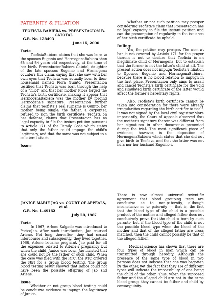 Paternity and Filiation Cases | PDF | Legitimacy (Family Law) | Marriage