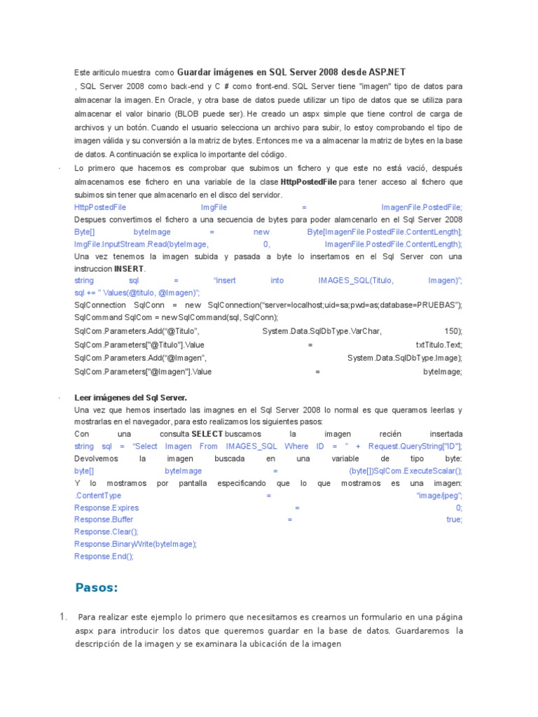 Guardar Exportar Imagenes Tipo Binario | PDF | Servidor SQL de ...