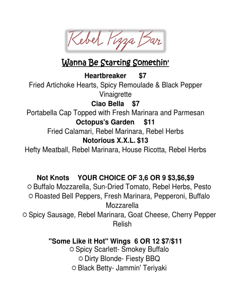 Rebel Pizza Bar Menu | PDF | Cooking, Food & Wine | Home & Garden