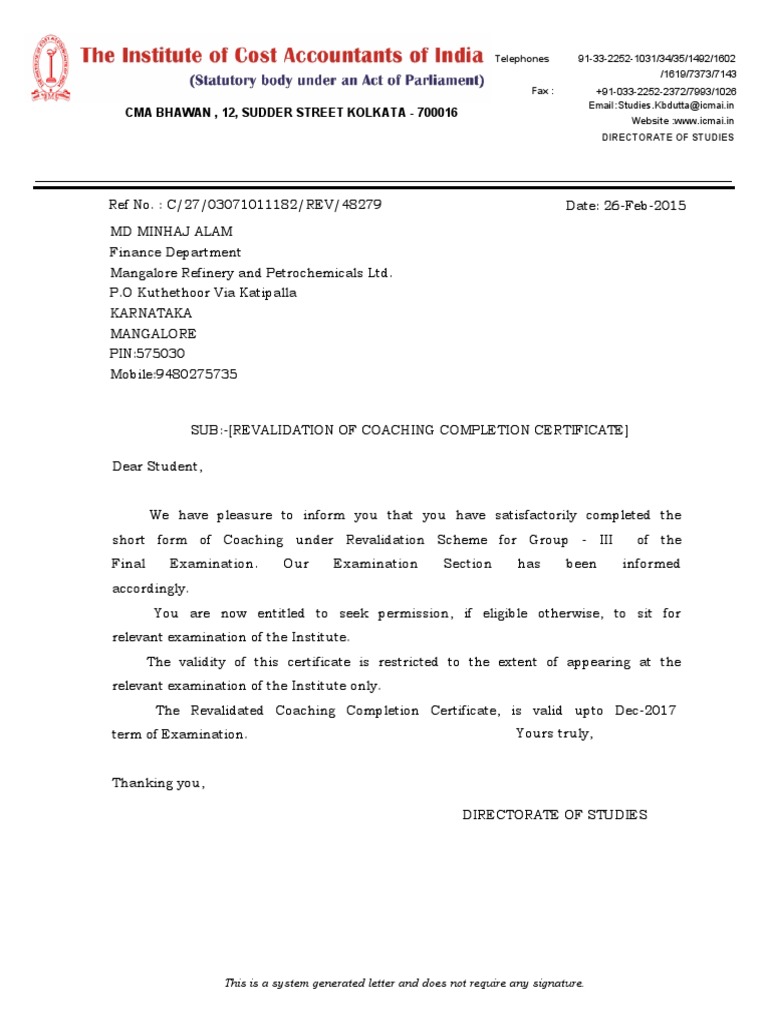 Icwai Revalidation Certificate | PDF