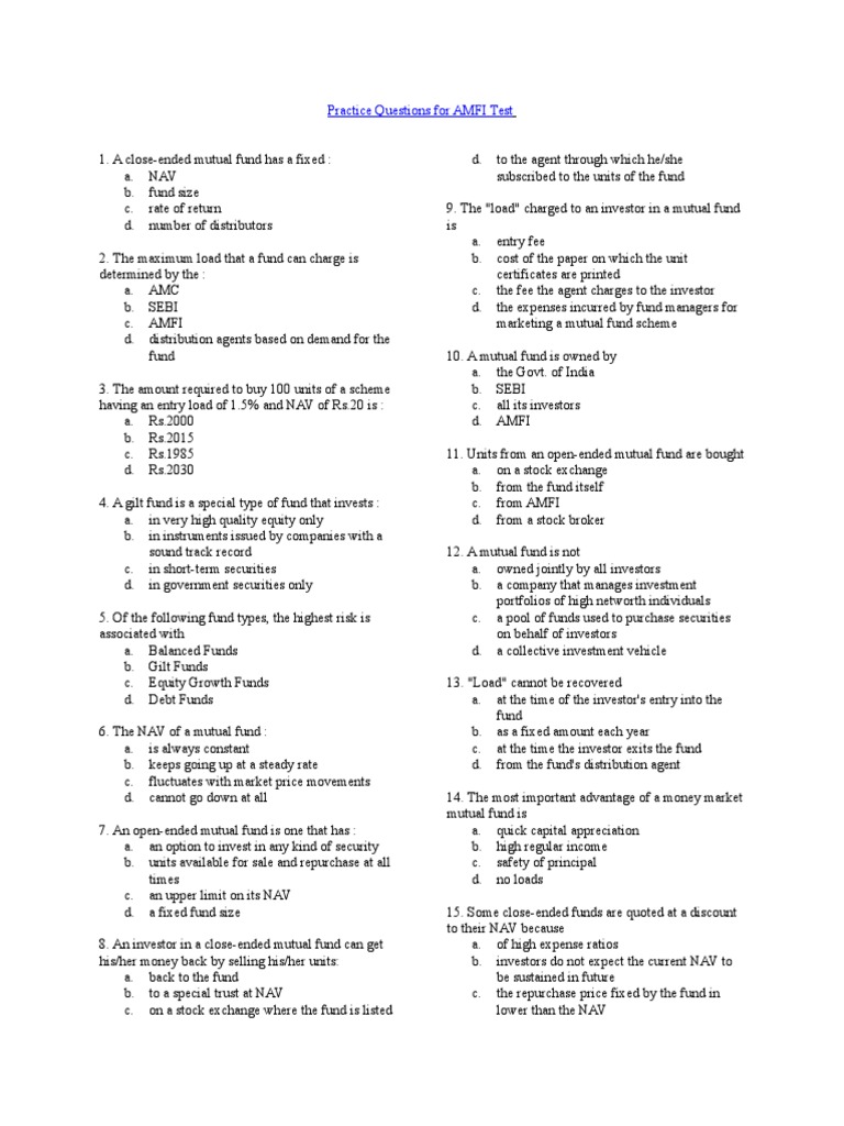 Practice Questions For AMFI Test | PDF | Bonds (Finance) | Mutual Funds