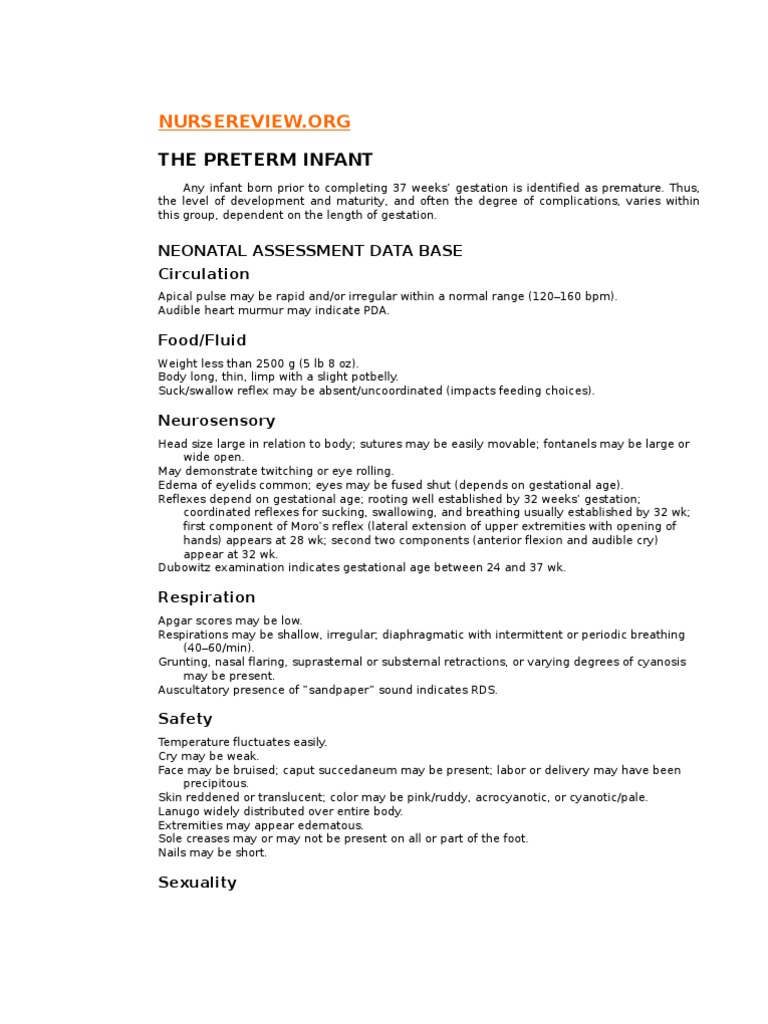 Preterm Infant Care and Assessment Guide | PDF | Hypothermia | Hypoxia ...