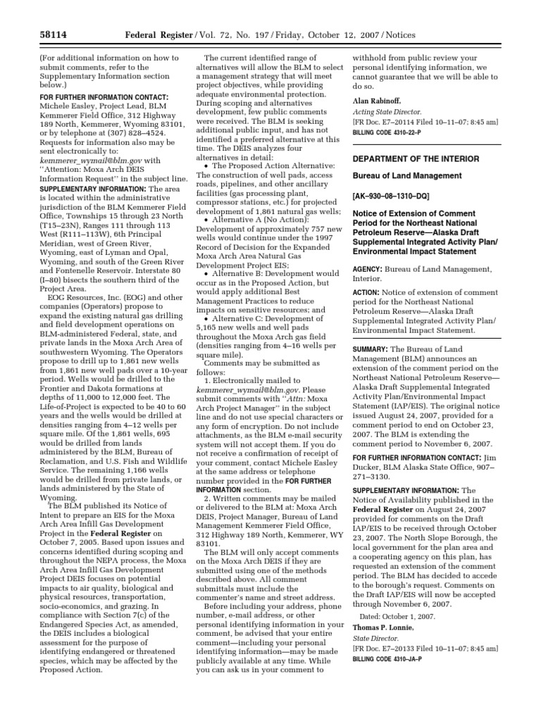 Notice: Environmental Statements Availability, Etc.: Integrated ...