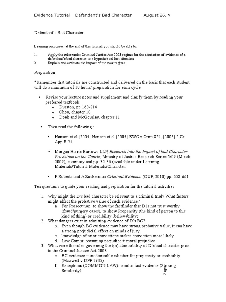 Evidence Law LLB UK Bad Character Evidence | PDF | Relevance (Law ...