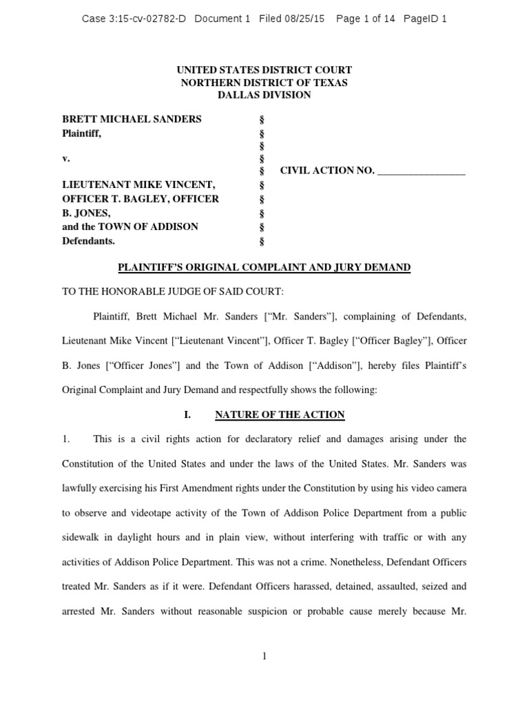 Brett Sanders V Addison PD | PDF | Damages | Arrest