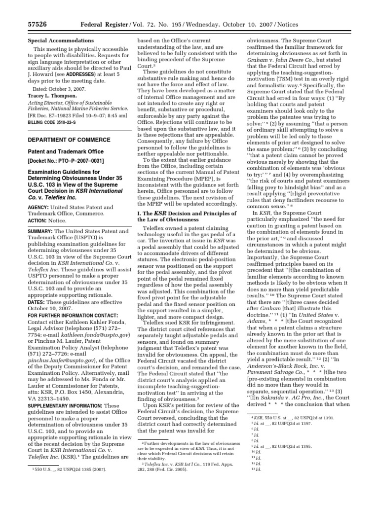 KSR Obviousness Guidelines for Patents | PDF | Prior Art | Patent Claim