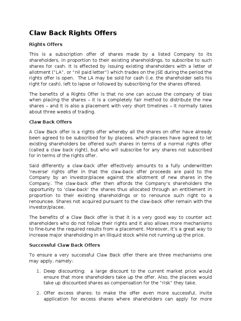 Claw Back Rights Offers Explained | PDF | Discounting | Financial Markets