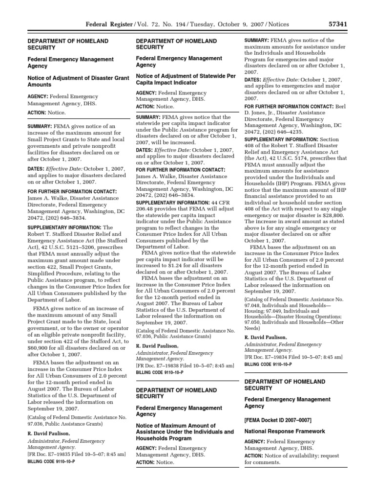 Notice: Disaster and Emergency Areas: National Response Framework ...