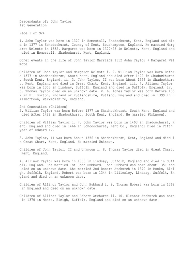 Taylor Surname Descendants of John Taylor Born 1327 Kent England and ...