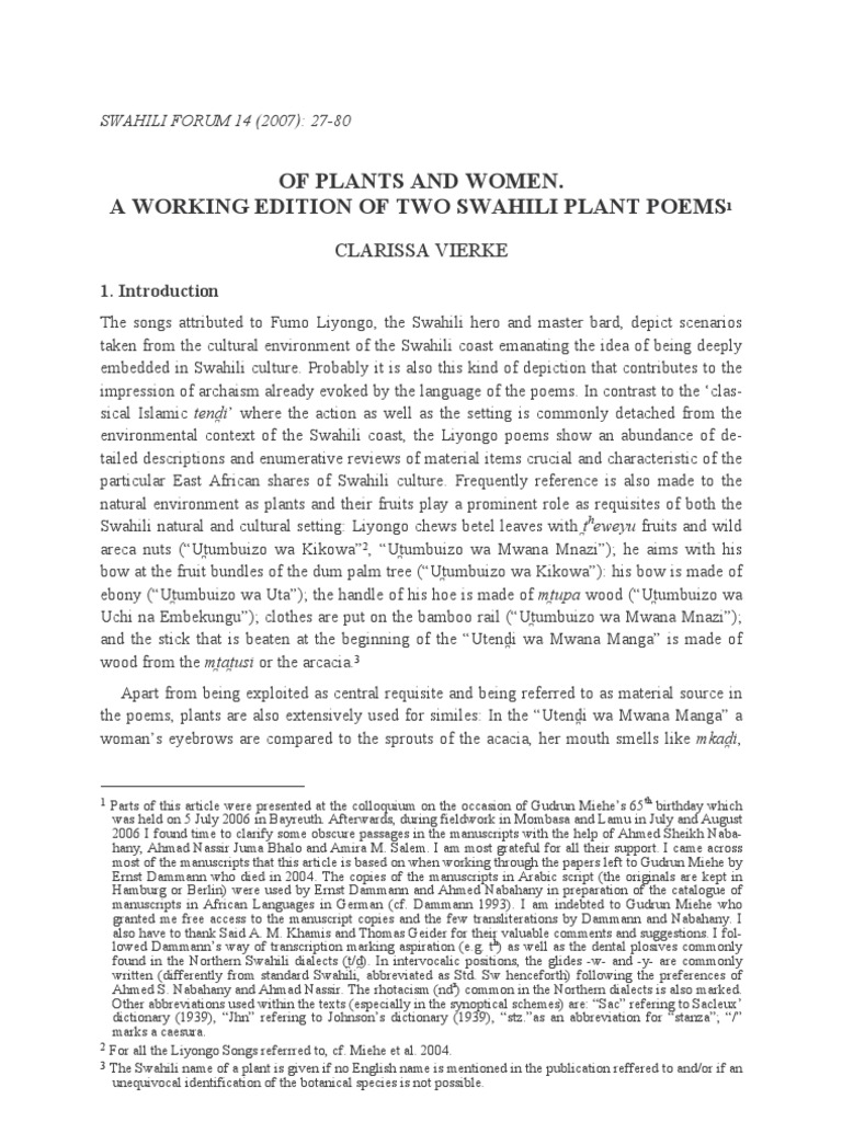 Of Plants and Womes-2 Swahili Poems - Fumo Liyongo | PDF | Bantu | Oral ...