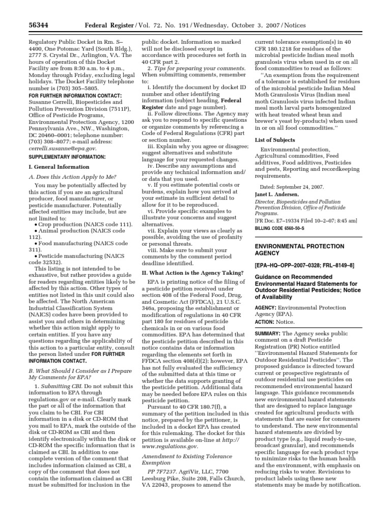 Federal Register / Vol. 72, No. 191 / Wednesday, October 3, 2007 ...