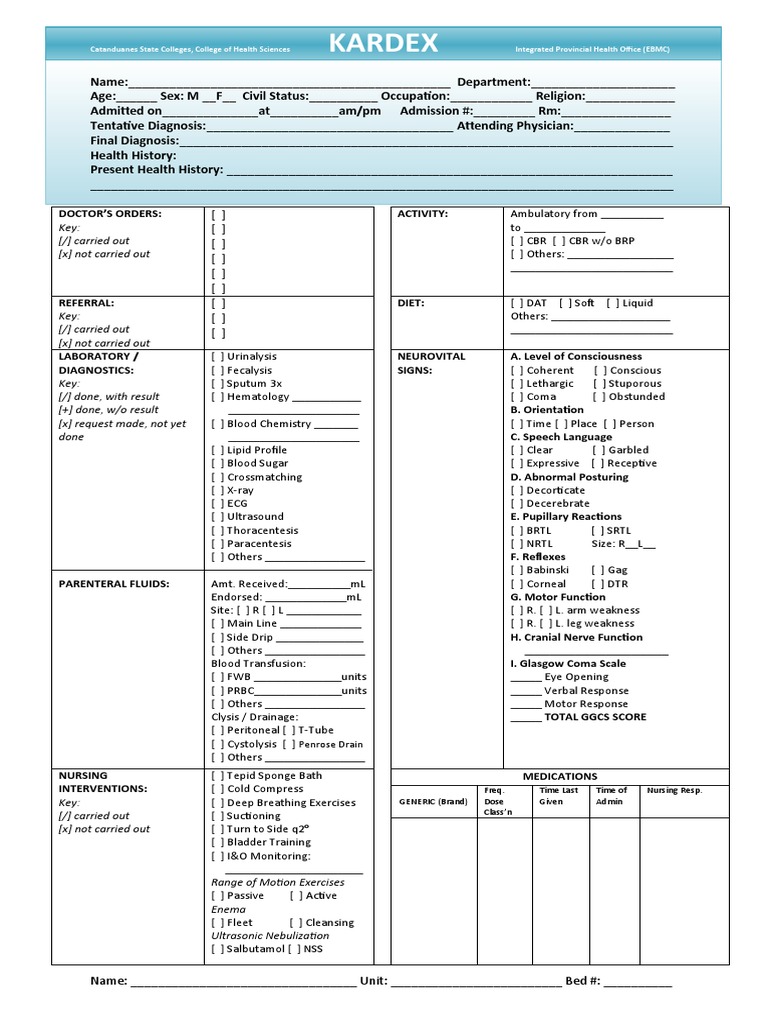 Nursing Kardex Template Example | PDF | Clinical Medicine | Symptoms ...