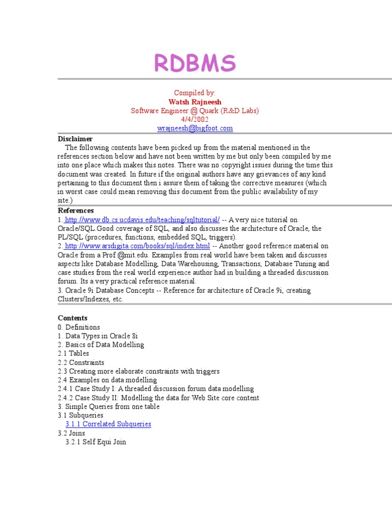 SQL Notes | PDF | Relational Database | Oracle Database