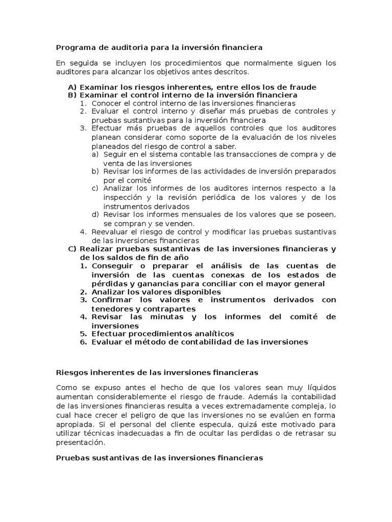 Programa de Auditoria Para La Inversión Financiera | PDF | Auditoría | Inversiones