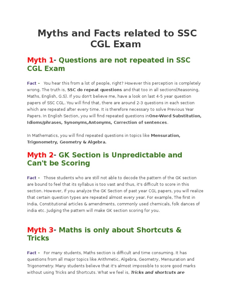 Myths and Facts Related To SSC CGL Exam: Myth 1 | PDF | Reading ...