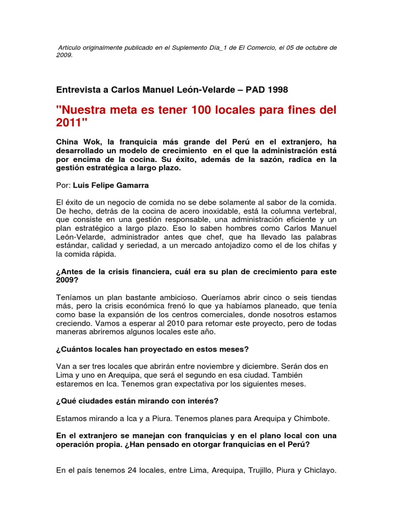 Entrevista Carlos Manuel Leon Velarde China Wok | PDF ...