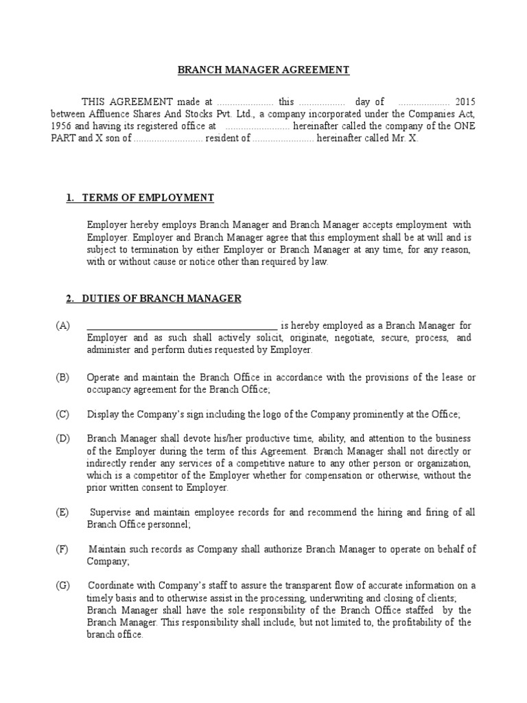 Branch Manager Agreement | PDF | Mail | Employment