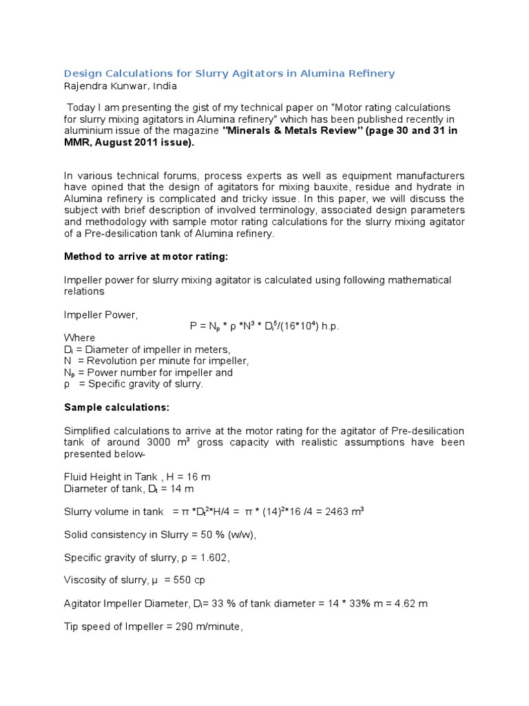 Design Calculations For Slurry Agitators in Alumina Refinery | PDF ...