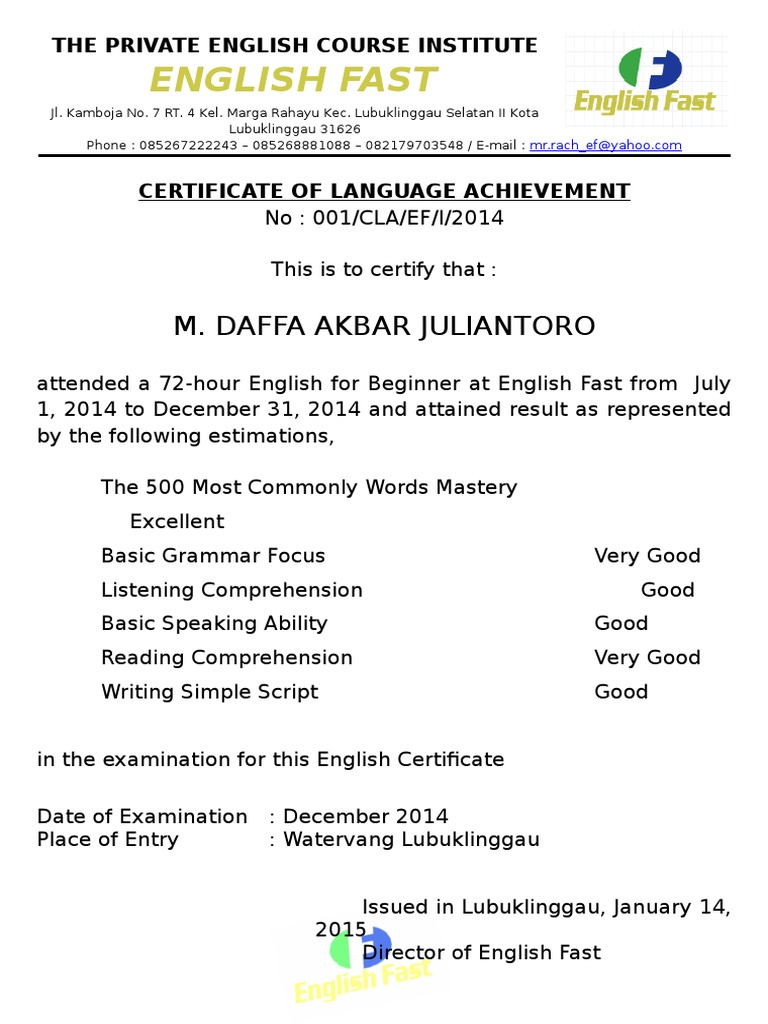 Private English Course Certificates | PDF | Career & Growth