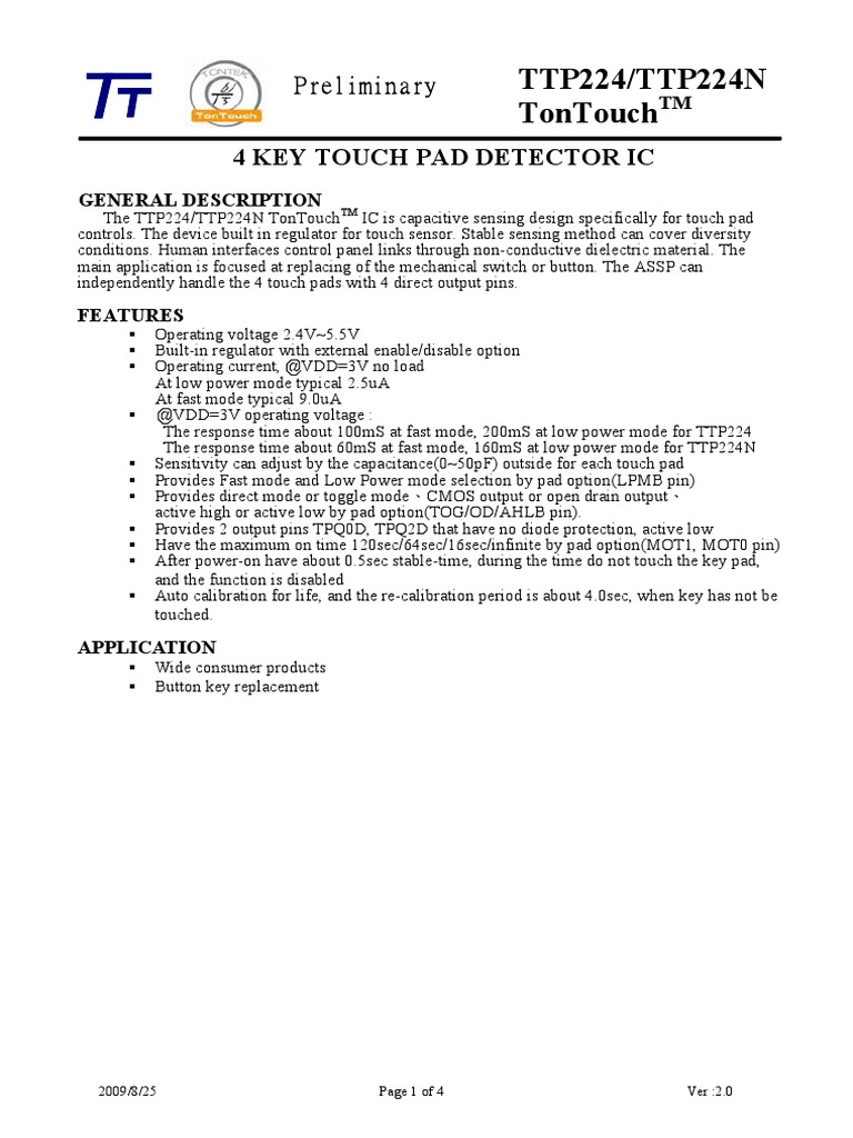 Ttp224/Ttp224N Tontouch: 4 Key Touch Pad Detector Ic | PDF | Capacitor ...