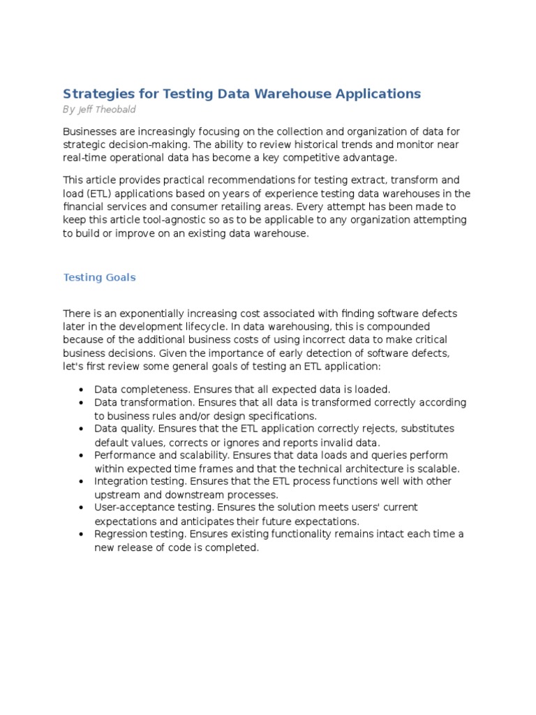 Data Warehouse Testing Strategies | PDF | Data Warehouse | Information ...