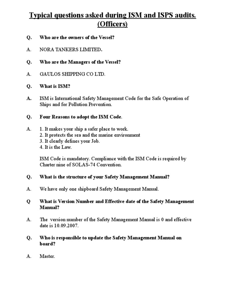 ISM Questions and Answers For Officers. | PDF | Oil Spill | Ships