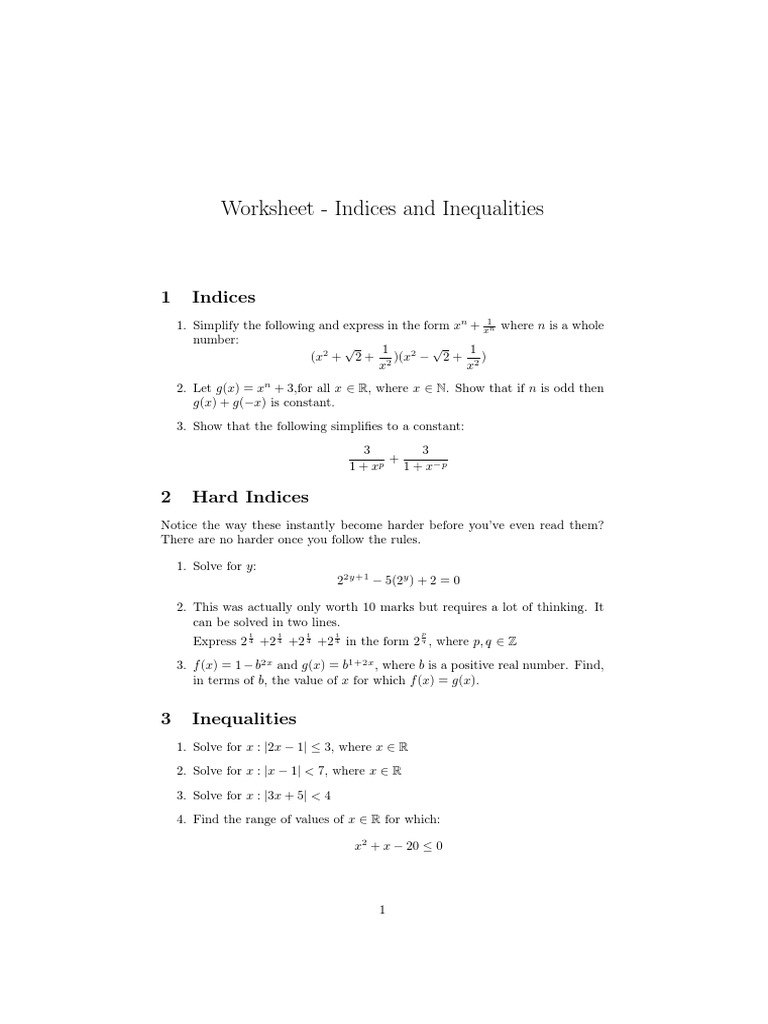 Indices and Inequalities Worksheet | PDF