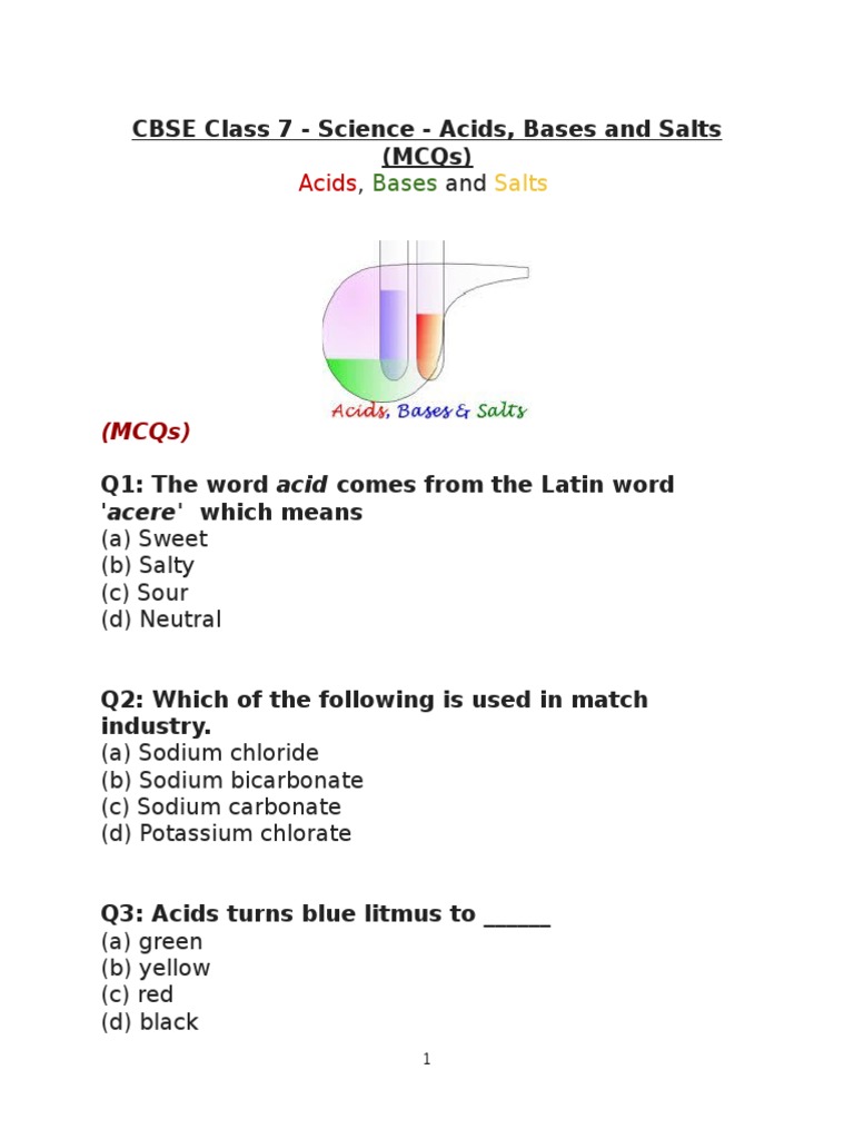 CBSE Class 7 - Science - Acids, Bases and Salts (MCQS) 2 | PDF