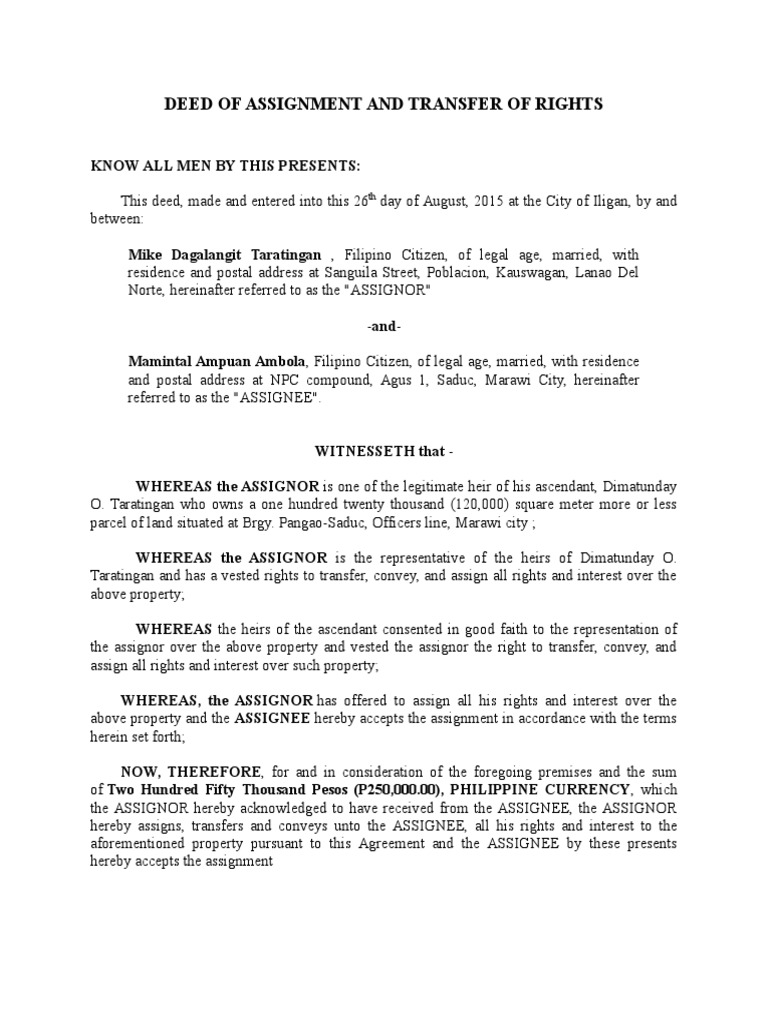 Deed of Assignment Sample | PDF | Assignment (Law) | Civil Law (Common Law)
