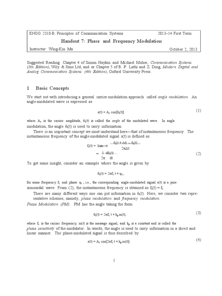 Handout 7: Phase and Frequency Modulation | PDF | Frequency Modulation | Modulation