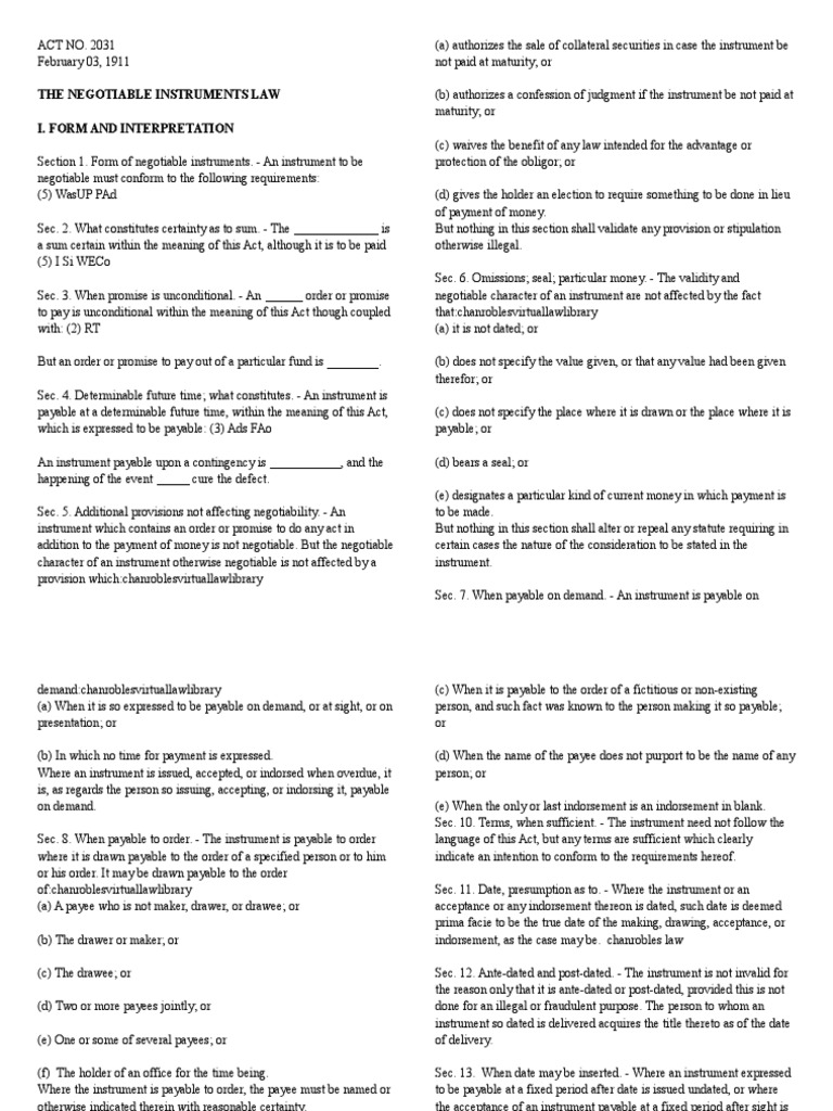 The Negotiable Instruments Law I. Form and Interpretation | PDF | Law ...