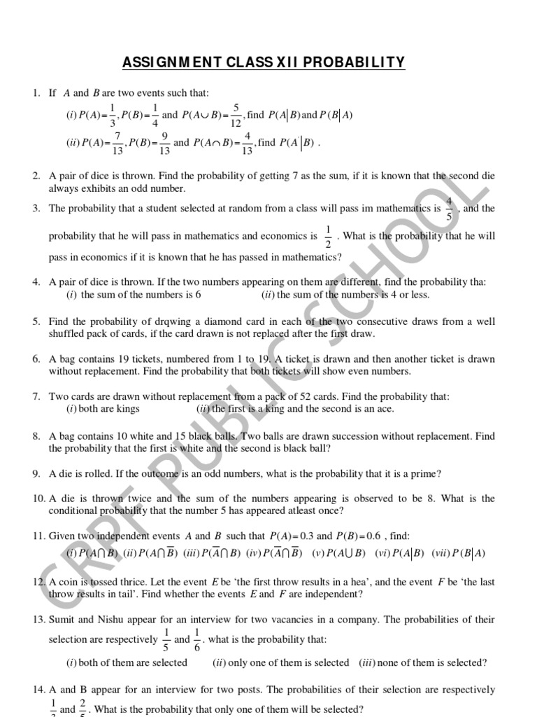 Class XII Probability Assignment | PDF | Probability | Probability ...