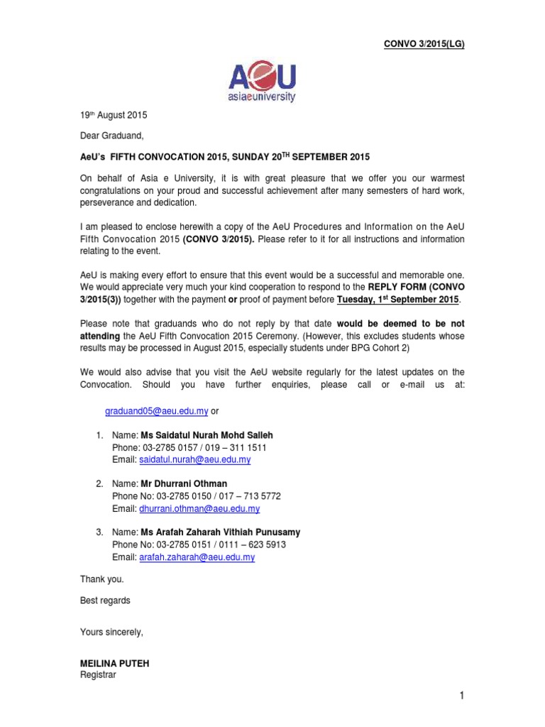 Convo Letter To Graduands | PDF | Master's Degree | Graduation