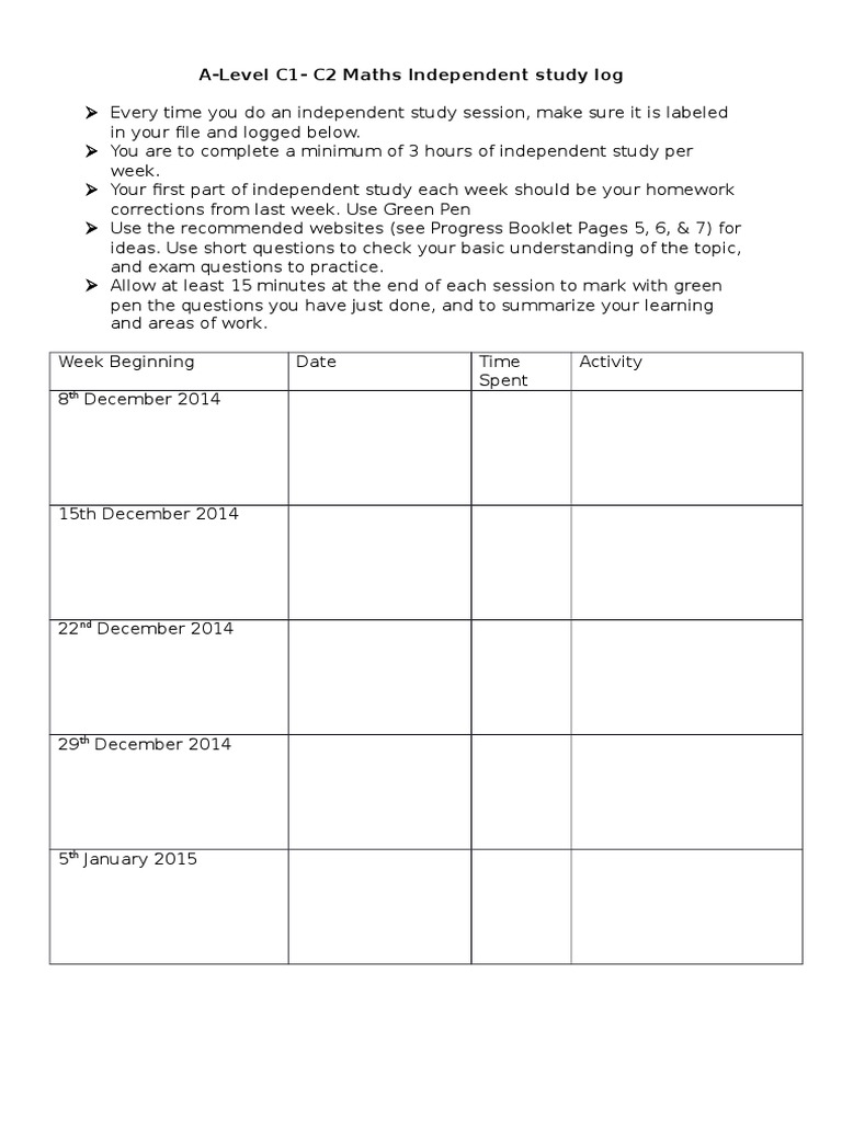 Independent Study Log | Educational Assessment And Evaluation | Schools