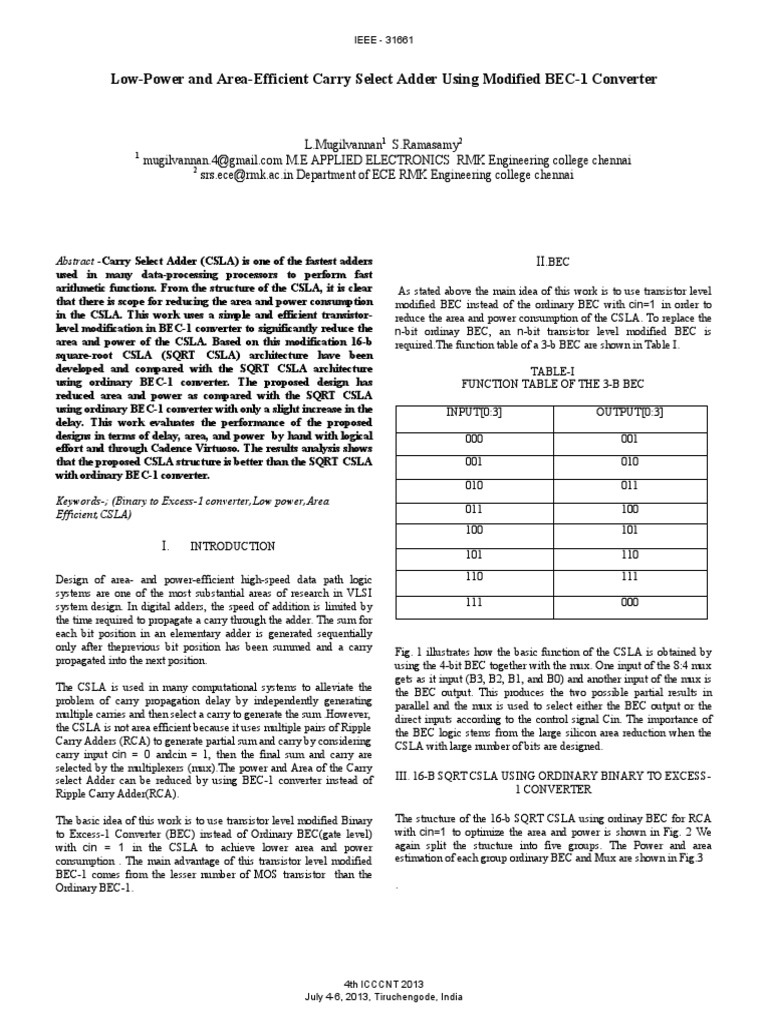 Low-Power and Area-Efficient Carry Select Adder Using Modified BEC-1 ...