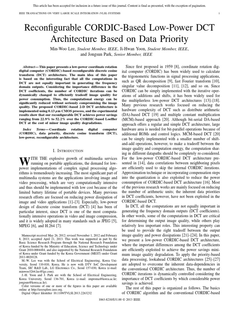 Reconfigurable CORDIC-Based Low-Power DCT Architecture Based On Data Priority | Download Free ...